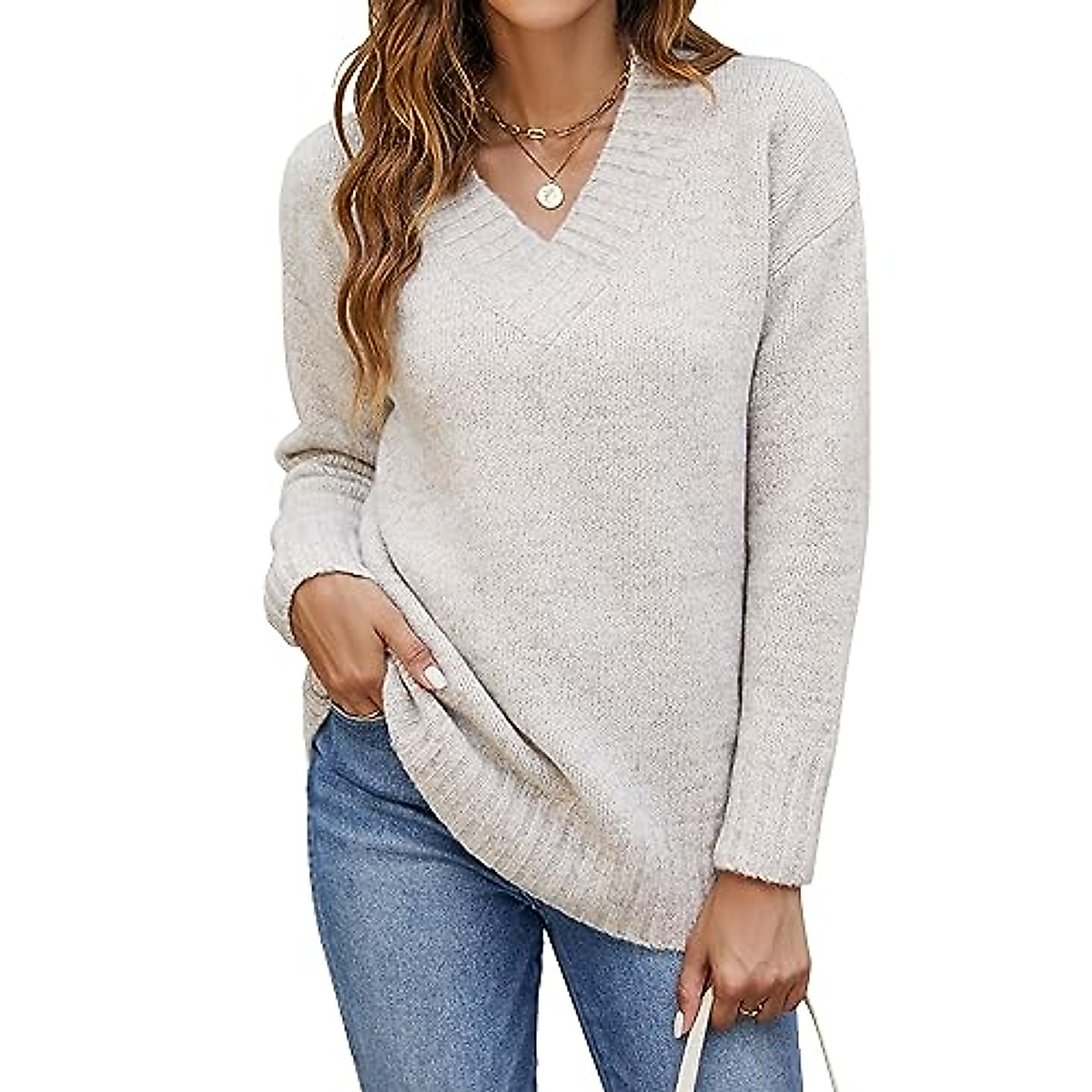 Bluetime Women Casual Long Sleeve Sweaters Soft Loose Fit Cable Knit Pullover V Neck Oversized Tunic Sweater Tops (L, Light Apricot)