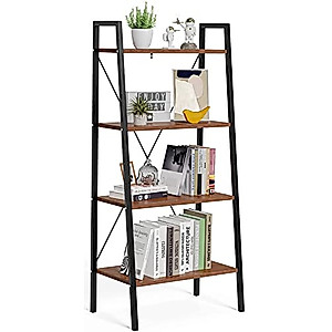 FURNINXS Ladder Shelf Bookcase, Bookshelf 4 Tier, Industrial Standing Shelf Storage Rack Storage Organizer Plant Stand, Steel Frame Book Shelf for Living Room/Bedroom/Kitchen/Bathroom - Red Brown