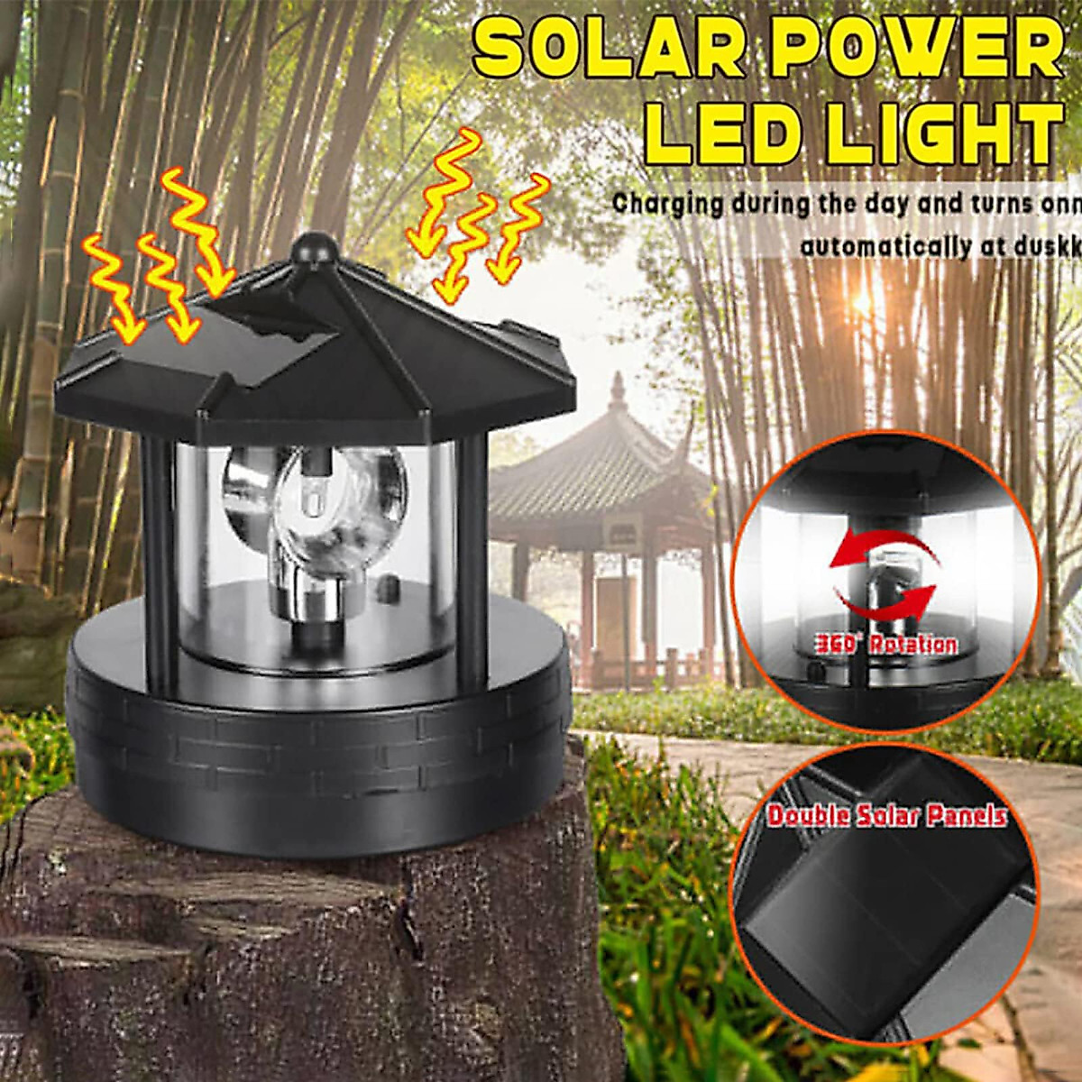 VLUOO Lighthouse Solar Lights 360 Degree Rotating Lighthouse Beacon Led Solar Lighthouse Light Outdoor Waterproof Led Solar Powered Lighthouse Garden Decor for Outside