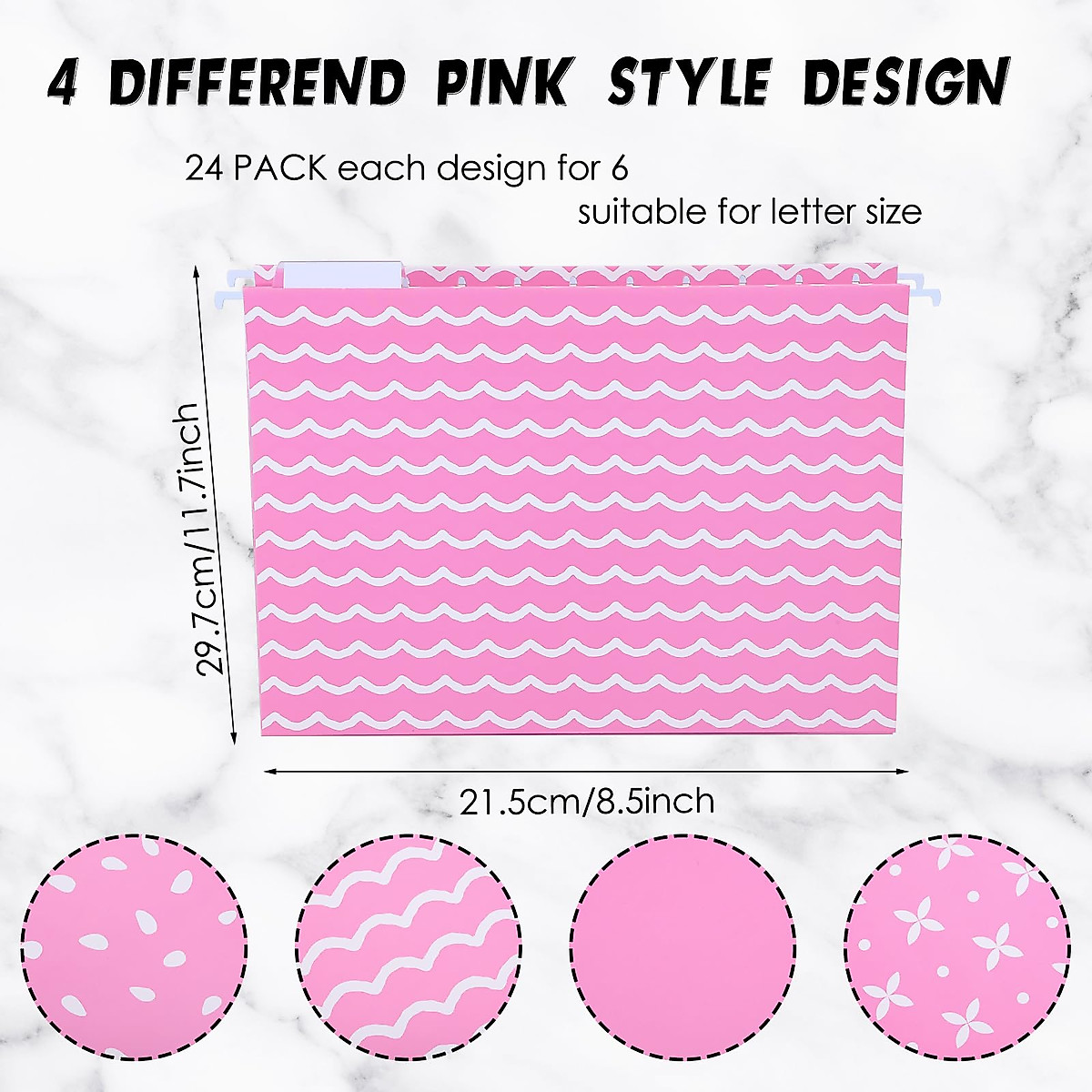 Estune 24 Pcs Pink Letter Size File Folder Cute Decorative Hanging Folders with Heavy Duty 2 Inch Expansion Includes Tabs and Inserts for Office School Classroom Supplies, 4 Styles
