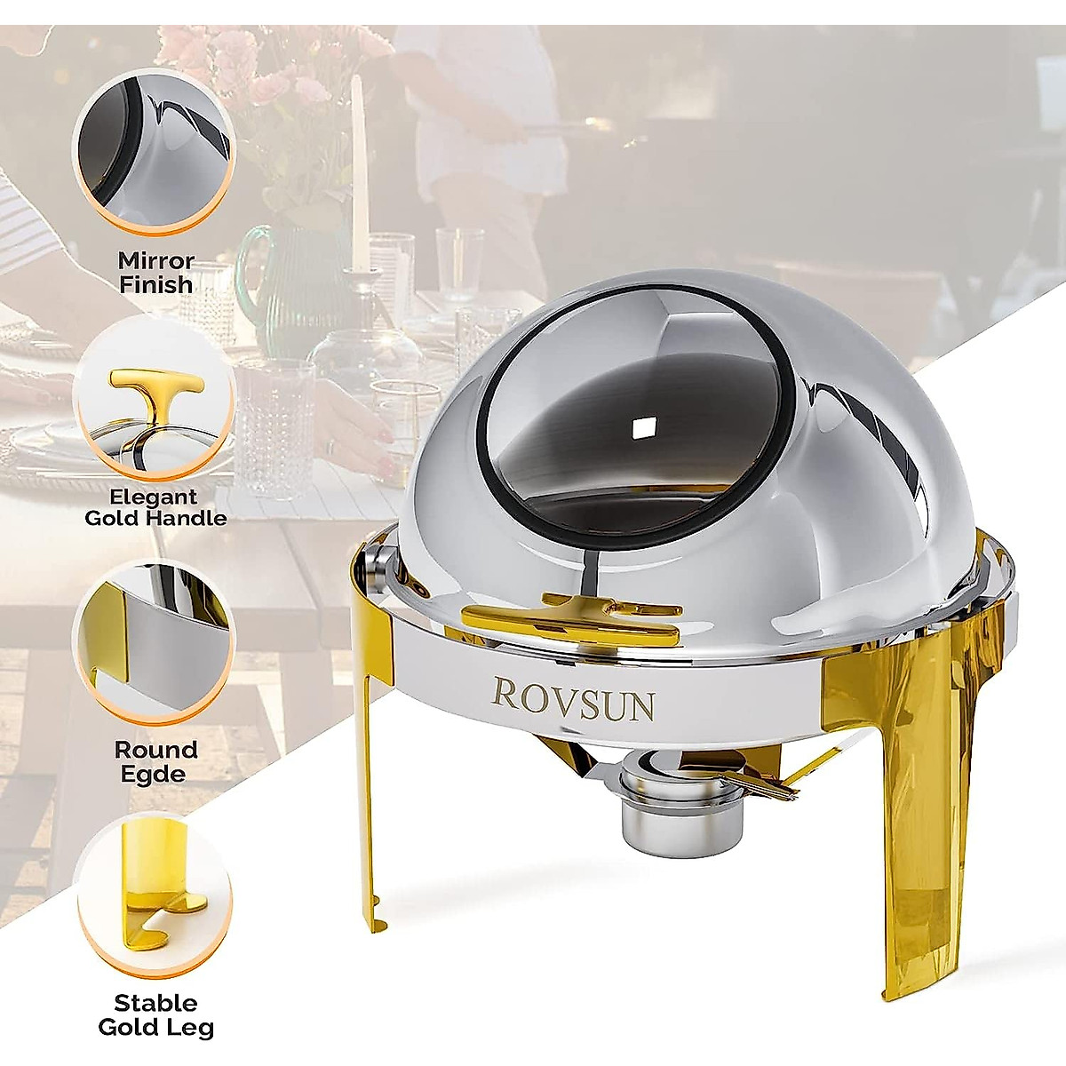 ROVSUN 6 Quart 2 Packs Round Chafing Dish Buffet Set Gold Accent, Stainless Steel Roll Top Chafer for Catering, Food Warmer with Glass Window for Party Wedding Catering Banquet Graduation Event