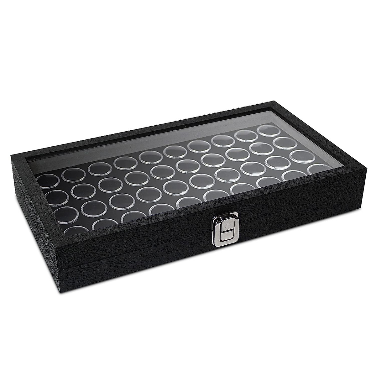 MOOCA Black Glass Top Jewelry Display Case Box 50 Gem Jars, Ring Box, Jewelry Organizer, Gem jar storage for Jewelry, Glass Display Box, storage Tray