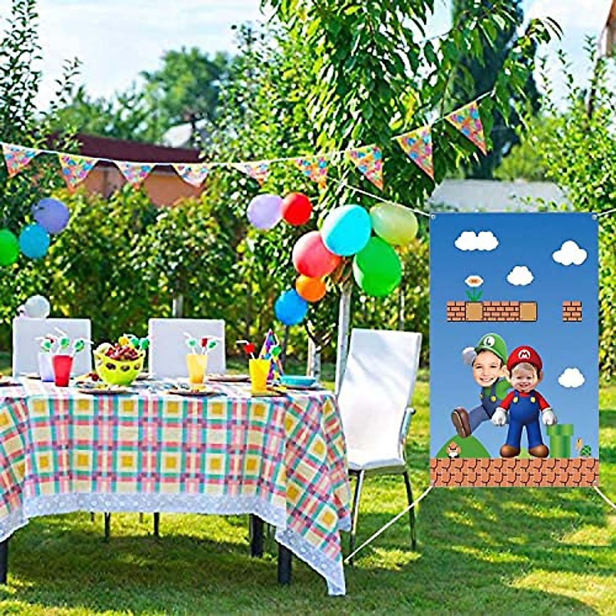 Super Bros Photo Door Banner,Cartoon Large Fabric Kids Face Photography Decoration Backdrop Boys Birthday Party Game Supplies Props Background (Super Bros)