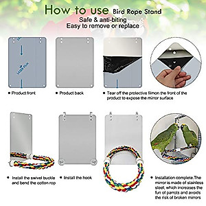 BWOGUE 7 Inch Bird Mirror with Rope Perch Cockatiel Mirror for Cage Bird Toys Swing Parrot Cage Toys for Parakeet Cockatoo Cockatiel Conure Lovebirds Finch Canaries