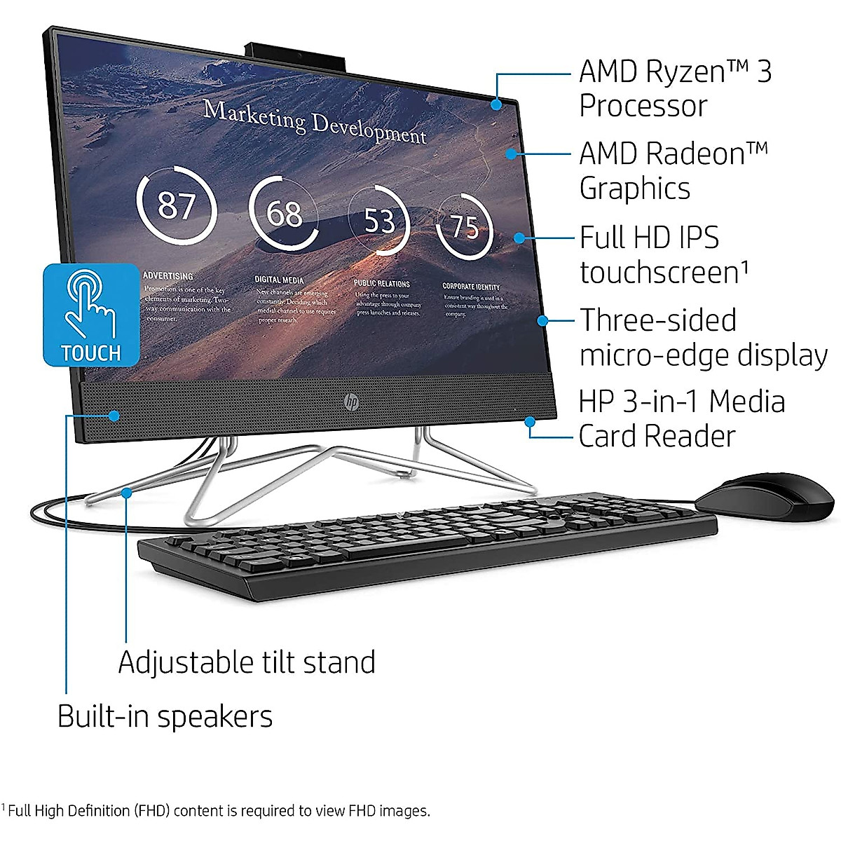 HP 2023 22-inch FHD IPS Touchscreen All-in-One Desktop PC 2-Core AMD Ryzen 3 3250U Processor 8GB DDR4 RAM NVMe M.2 256GB SSD 1TB HDD DVD WiFi AC BT Webcam Speaker Windows 10 Black w/RE USB Drive