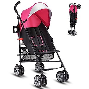 HONEY JOY Baby Lightweight Stroller, Compact Travel Stroller for Airplane, Adjustable Backrest & Canopy, 5-Point Harness, Cup Holder, Storage Basket, Foldable Umbrella Stroller for Toddlers (Pink)