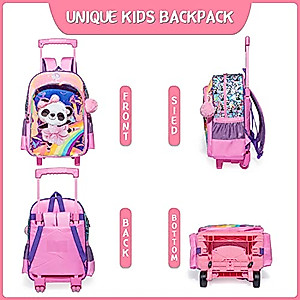MYHSBYO Panda Rolling Backpack for Girls Kids School Wheels Backpack for Girls Sequin Backpack with Lunch Box Roller Backpack for Elementary School