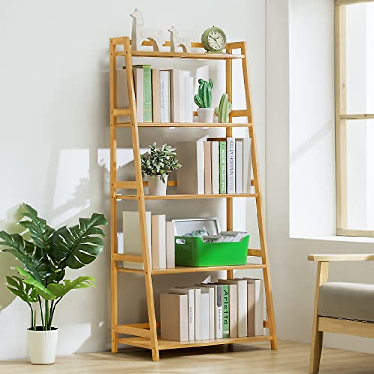 MoNiBloom Ladder Shelf, Bamboo 5 Tier Multi-Functional Book Shelf Storage Rack Organizer, Plants Stand Display Shelf for Living Roon Garden Balcony Bedroom, Natural
