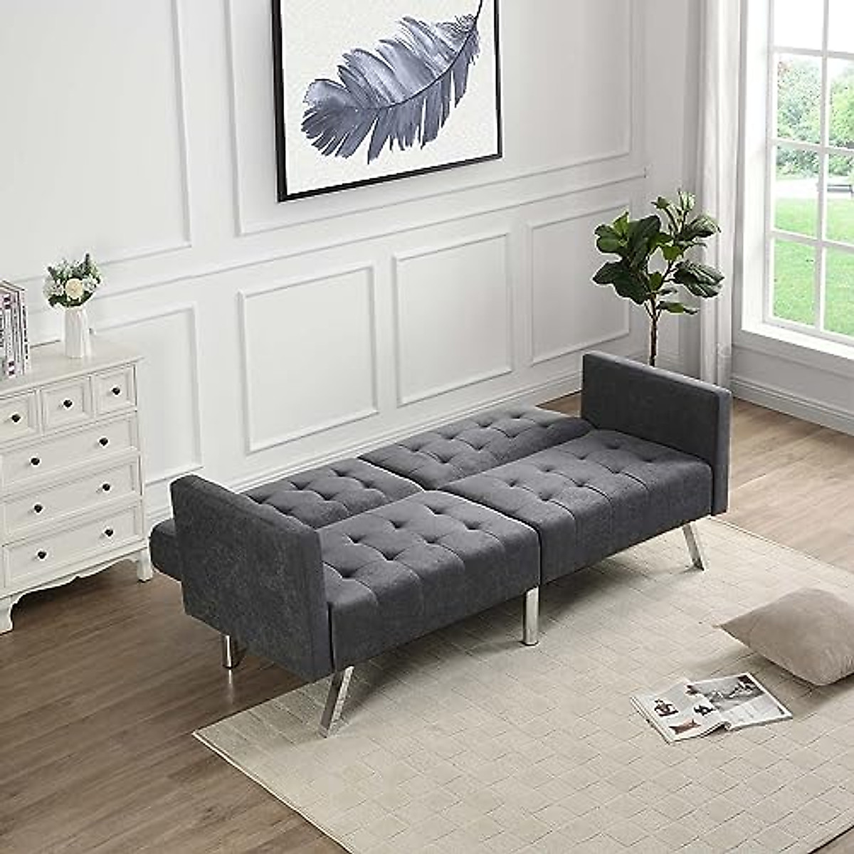 Sofa Bed with Convertible Folding Function, Lounge Couch Loveseat with 3 Adjustable Positions, Sturdy Metal Legs Support, Sleeper Sofa for Living Room Bedroom Apartment Reading Room (Dark Gray)