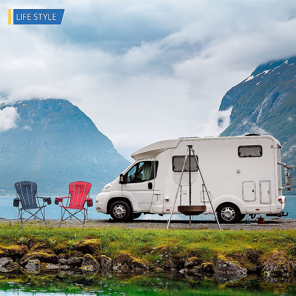 Outdoor-Forest HIGHBACK Adirondack Folding, Portable camping chair,Built in pillow. Two cup holder, Extra storage mesh pocket (Navy)