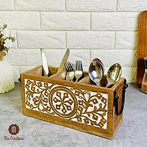 3 Compartment Farmhouse Wooden Flatware Caddy with Metal Handles for Kitchen Countertop, Silverware Caddy for Buffet Party, Rustic Wood Utensil Cutlery Holder, Bathroom Dining Table Office Organizer