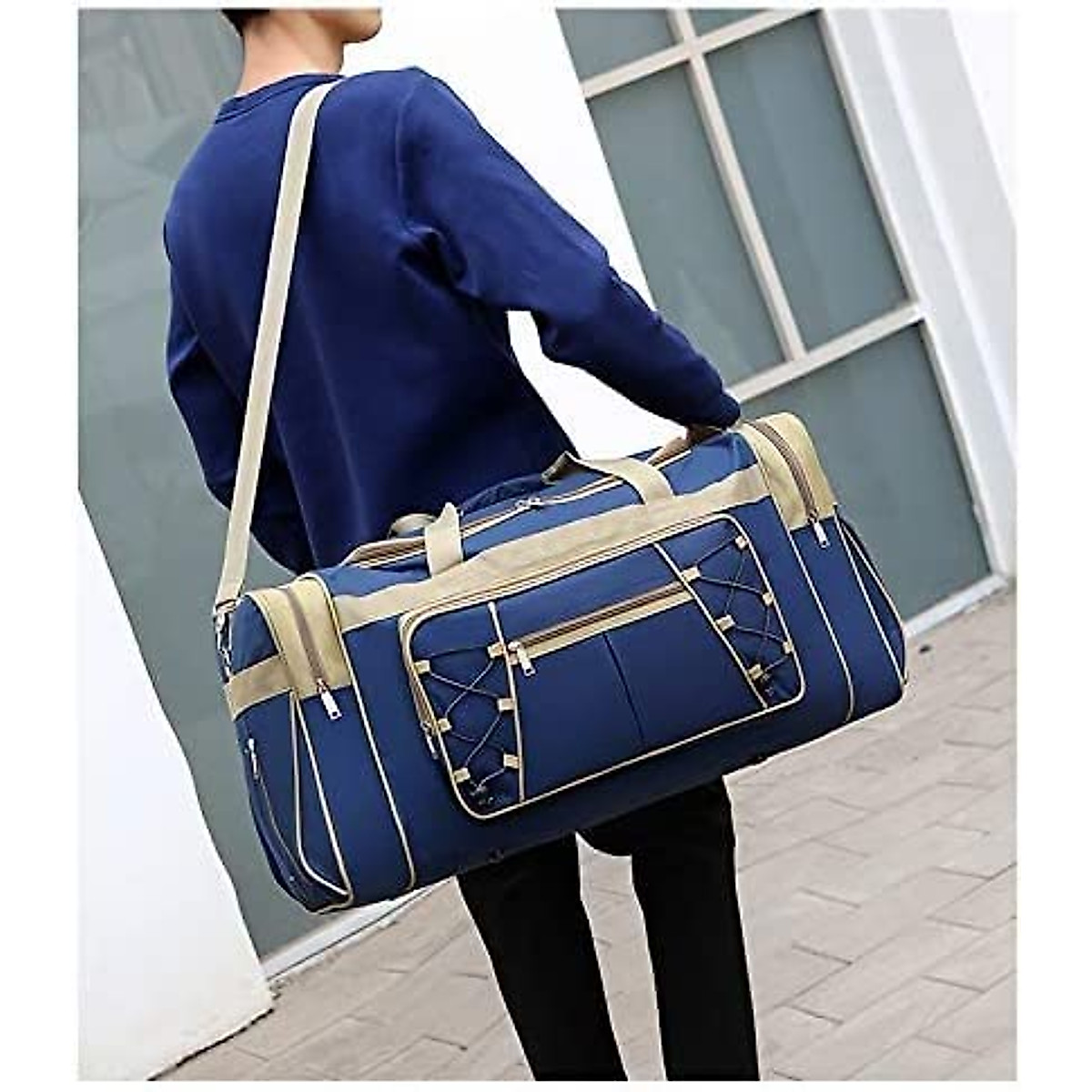 Travel Duffle Bags for Men Weekender Over Night Carry On Bag Lightweight Extra Large Oxford Duffel Gym Sturdy Luggage Water-proof for Men & Women 26" (Blue Gold)