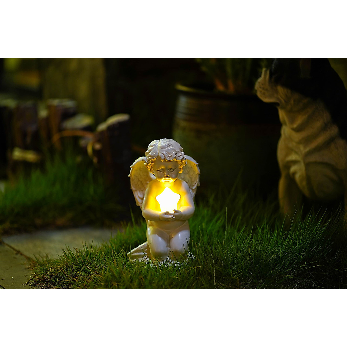 HONGRUIART Solar Powered Cherub Angel Light, Kneeling Praying Cherub Angel Statue with Solar Star Lights Garden Angel Decor for Home Outdoor Patio Lawn Mother's Day Remembrance Gifts