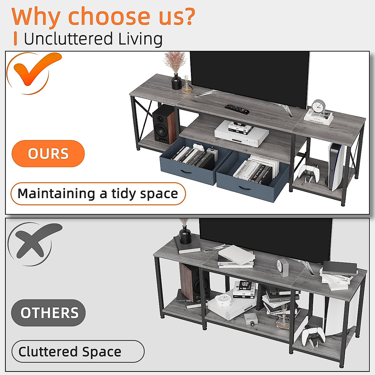 GYIIYUO TV Stand with Drawer for 75 80 Inches TV - Entertainment Center and Industrial TV Console Table with Open Storage Shelves for Living Room, Bedroom - 71'' Gray (180GR)