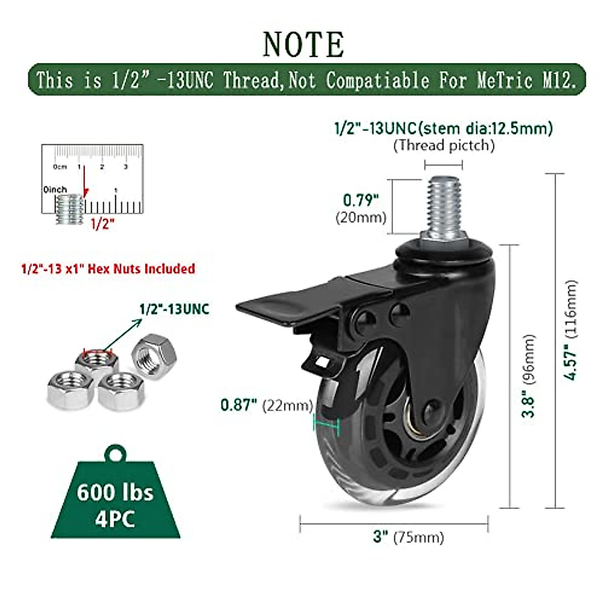 8T8 3 Inch Rubber Caster Wheels Heavy Duty with Brakes, 1/2''-13 x 1" Threaded Stem Casters Set of 4 (Screw Diameter 1/2", Length 1"), Quiet and Smooth Rolling Castors for Furniture Hardwood Floors