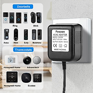 Fesasn C Wire Power Adapter, 24V Doorbell Power Transformer, for Ring Doorbell and Smart Thermostat for Nest Ecobee, Sensi and Honeywell (16.5 FT Black)