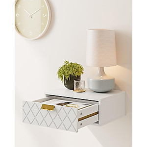 Aobafuir Floating Nightstand Shelf with Drawer, Small Modern Wall Mounted Nightstand, Shelves for Bedroom, White Diamond