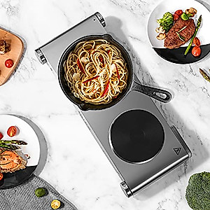 DIDO 1800W Hot Plate, Portable Electric Stove Countertop Cast-Iron Double Burner with Adjustable Temperature& Anti-Slip Feet, Stainless Steel Cooktop for Home/Camp/RV, Compatible for All Cookwares
