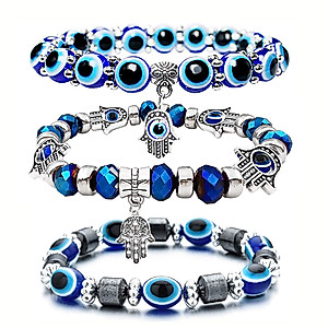 ZZ ZINFANDEL Evil Eye Bracelet Blue Turkish Lucky Fatima Evil Eye Bracelet for Women Men for Protection and Blessing(A-3PCS)