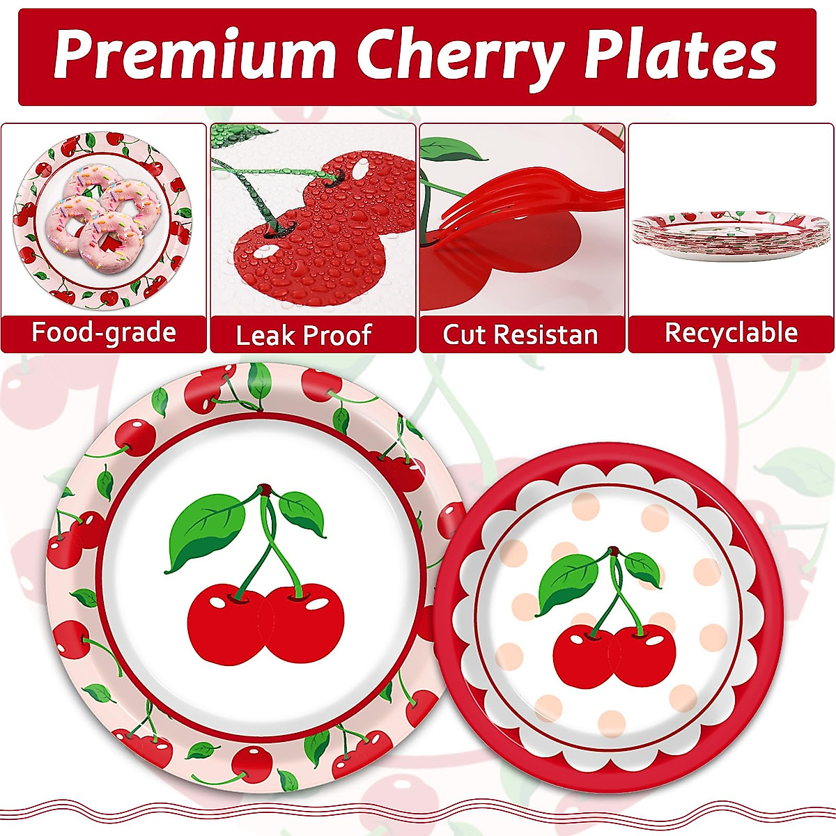OBUSATT 100 Pcs Cherry Fruit Party Supplies Tableware Set Summer Tropical Picnics Dinnerware Set Disposable Paper Plates Napkins for Baby Shower Birthday Party Decoration for 25 Guests