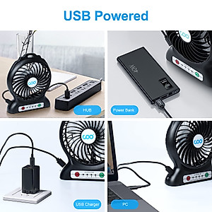 COO Mini Portable Battery Operated Desk Fan with Flashlight, 3 Speeds Adjustable, Rechargeable Small Desk Fan for Home Office Bedroom Outdoor Backpacking Camping, 4.5 Inch, Black
