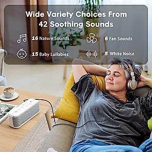 White Noise Machine for Adults, USB Rechargeable Sound Machine with 42 Soothing Sounds for Sleeping with Lullabies & Fan Sounds, Auto-Off Timer & Volume Control, Noise Cancelling for Office Privacy