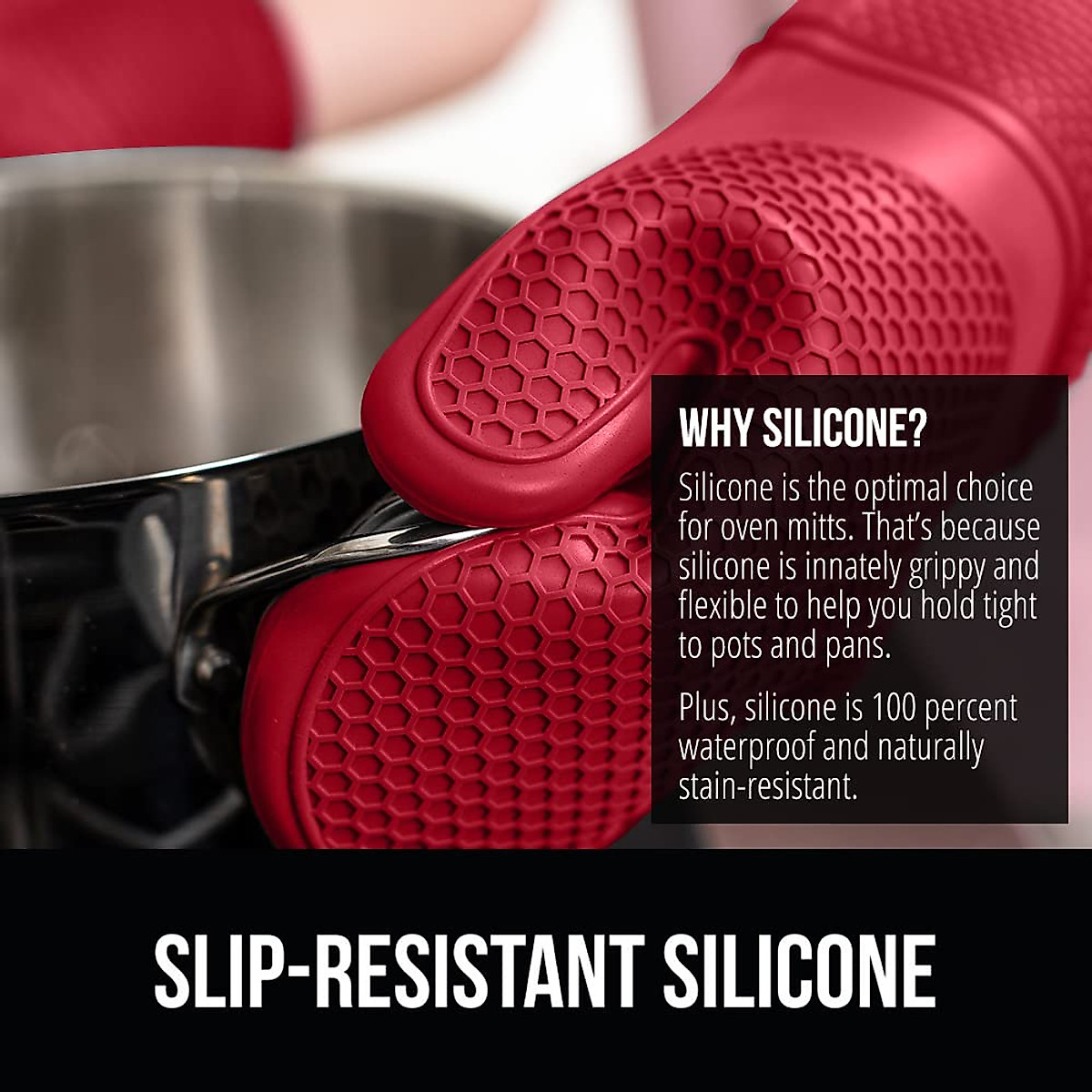 Gorilla Grip Silicone Oven Mitts Set of 2 and Silicone Baking Mats Set of 2, Silicone Oven Mitts are 14.5 Inch, Quarter Sheet Silicone Baking Mats, Both in Red Color, 2 Item Bundle