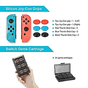 Keten NS Switch Accessories Kit, Including Carry Case, Charging Dock, Playstand, Extension Cable, Game Card Case, Screen Protector, J-Con Grips, Wheels, Crystal Case, TPU Case, Caps