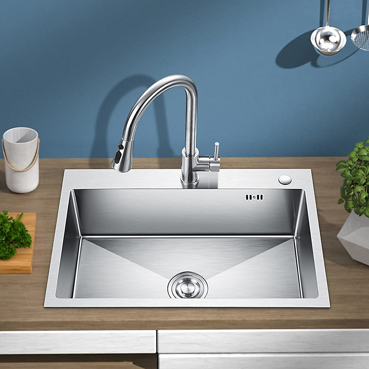 25" Drop-In or Undermount Single Bowl Kitchen Sink/Bar Sink with Pull-Down Faucet, Soap Dispenser, Drain Basket, Made of Stainless Steel (Steel)