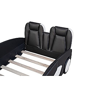 JIVOIT Twin Size Race Car-Shaped Platform Bed with Wheels, Wooden Platform Bed Frame with Two Seats and Wood Slat Support, Twin Car Bed for Kids Teens