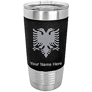LaserGram 20oz Vacuum Insulated Tumbler Mug, Flag of Albania, Personalized Engraving Included (Faux Leather, Black)