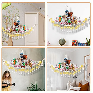 EKDJKK Stuffed Animal Hammock Macrame Plush Toy Net Hammock for Stuffed Animals with Light Pet Net for Stuffed Animals Corner Hanging Stuffed Animal Storage Holder Teddy Bear Net for Kids Room