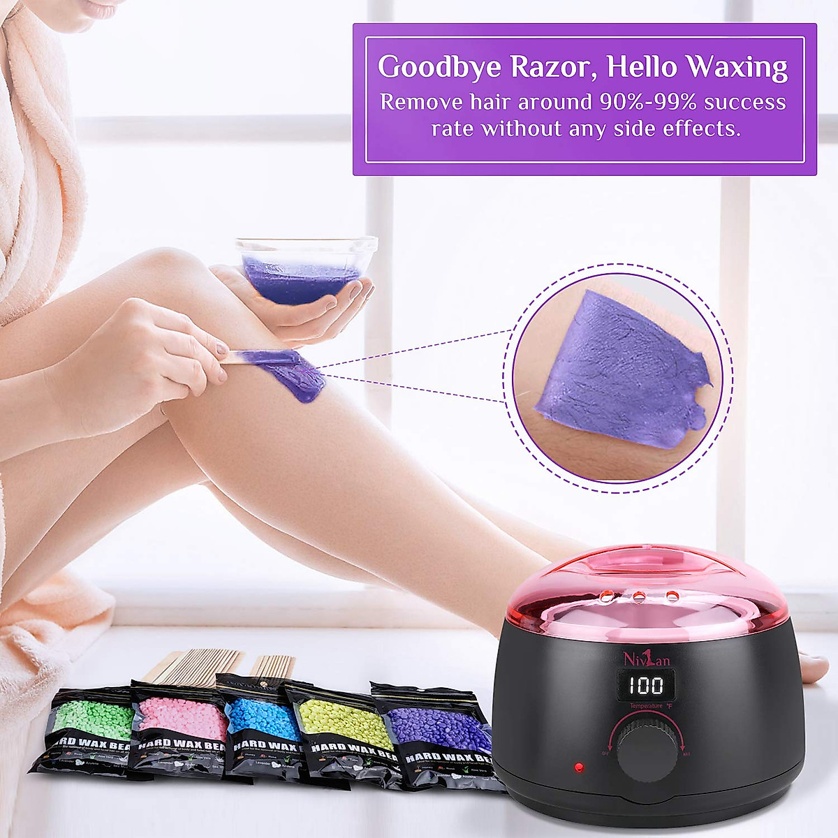 Nivlan Waxing Kit for Women 5 Hard Wax Beans and 30 Wax Applicator Sticks, Black, No Chemical Smell