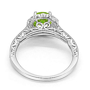 Blue Apple Co. Art Deco Filigree Halo Wedding Engagement Bridal Ring Solid Round Simulated Peridot 925 Sterling Silver, Size-8