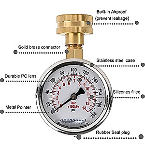 Water Pressure Gauge Kit Including Adaptors, UHARBOUR 2.5"Glycerin Filled Water Pressure Test Gauge with Brass Hose Fitting and Extra 6 Adapters for Multiple Use,0-200psi/14bar
