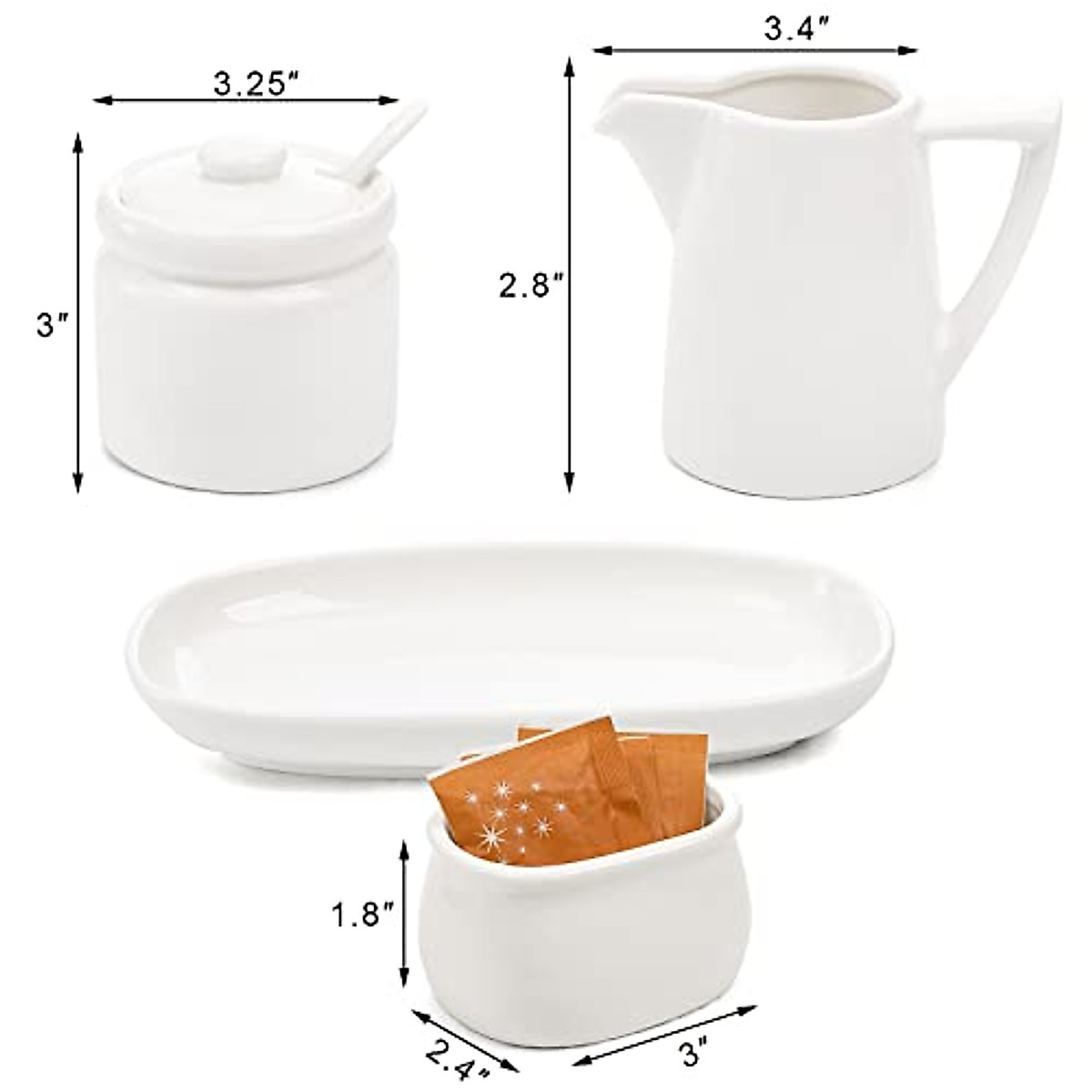 ZENFUN Set of 4 Porcelain Creamer and Sugar Set with Saucer, Sugar Bowl with Lid and Spoon, Cream Pitcher, Sweetener Holder, Coffee Serving Set for Kitchen Home Cafe Party, Restaurant, White