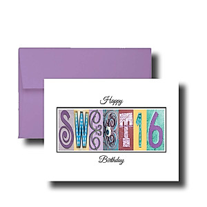 Sweet 16 Birthday Card, Milestone, 5" x 7" FLAT CARD, Pastel, Greeting Cards, Lavender, yellow, pink, blue