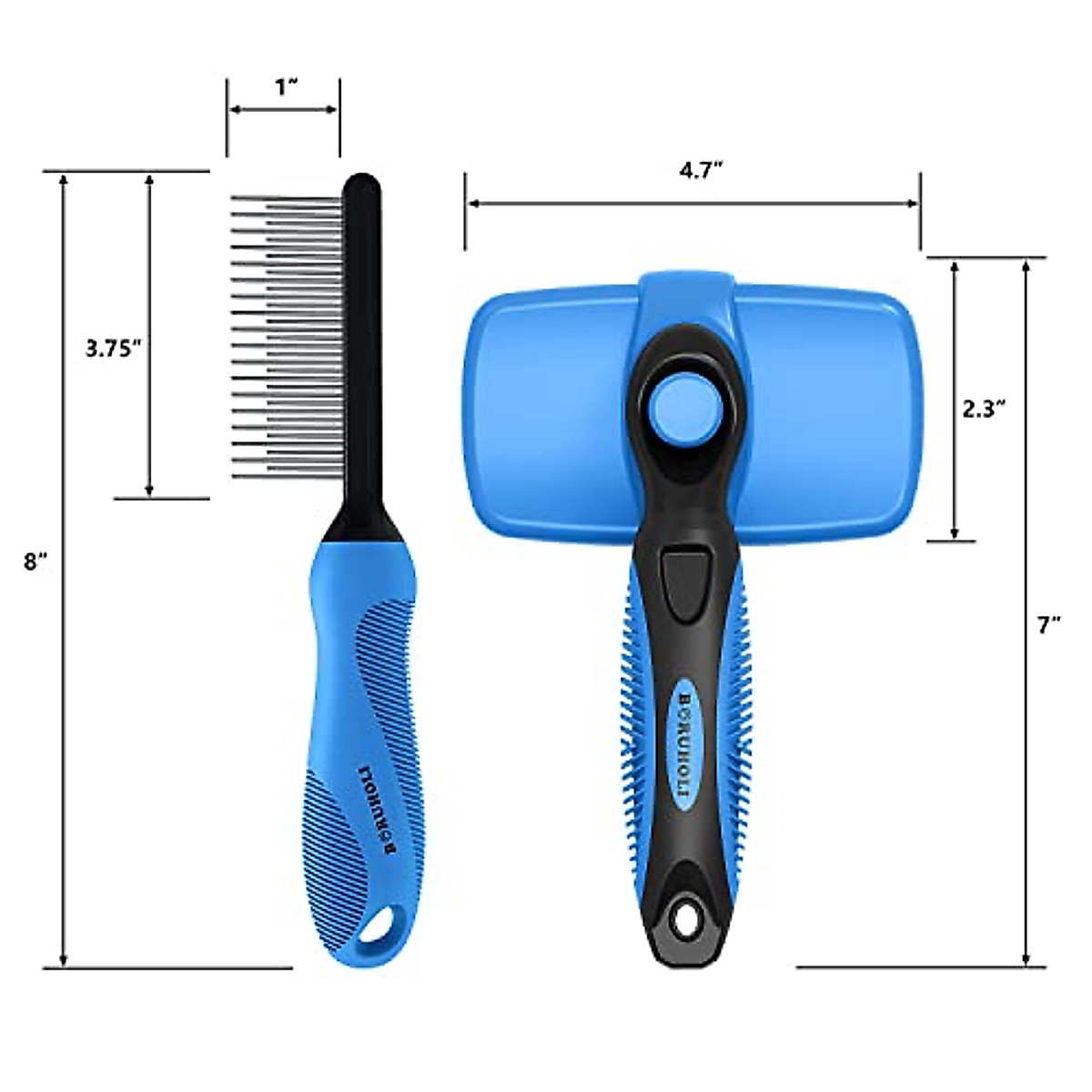 BORUHOLI Self-Cleaning Slicker Dog/Cat Brush and Comb Kit,Cat/Dog Brush and Comb for Shedding and Grooming Long/Short Hair and Large/Small Dogs, Cats, Rabbits, Pets - Dematting Comb. (Blue)