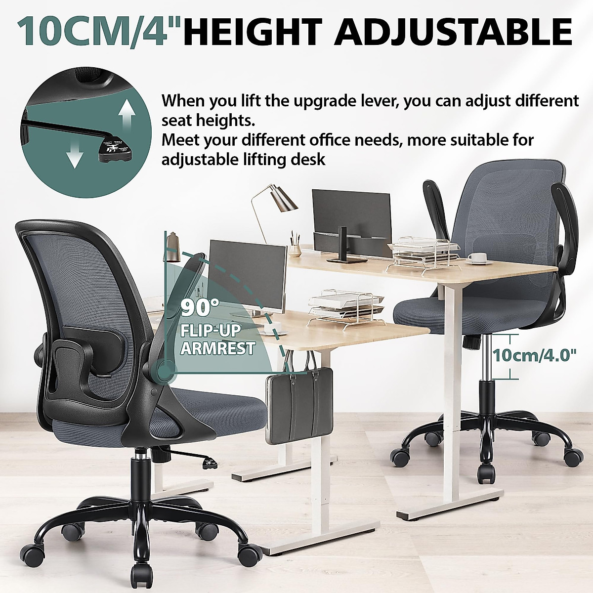 Winrise Office Chair Ergonomic Desk Chairs with Lumbar Support and Flip-up Arms, Comfortable Breathable Mesh Computer Executive Chair with Swivel Task, Adjustable Height 4'', Home, Bedroom - Dark Gray