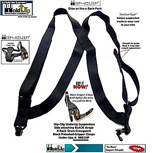 Holdup Black 1 1/2" Hip-Clip Style Under-Ups Suspenders for Men with the Patented Composite plastic Gripper Clasps