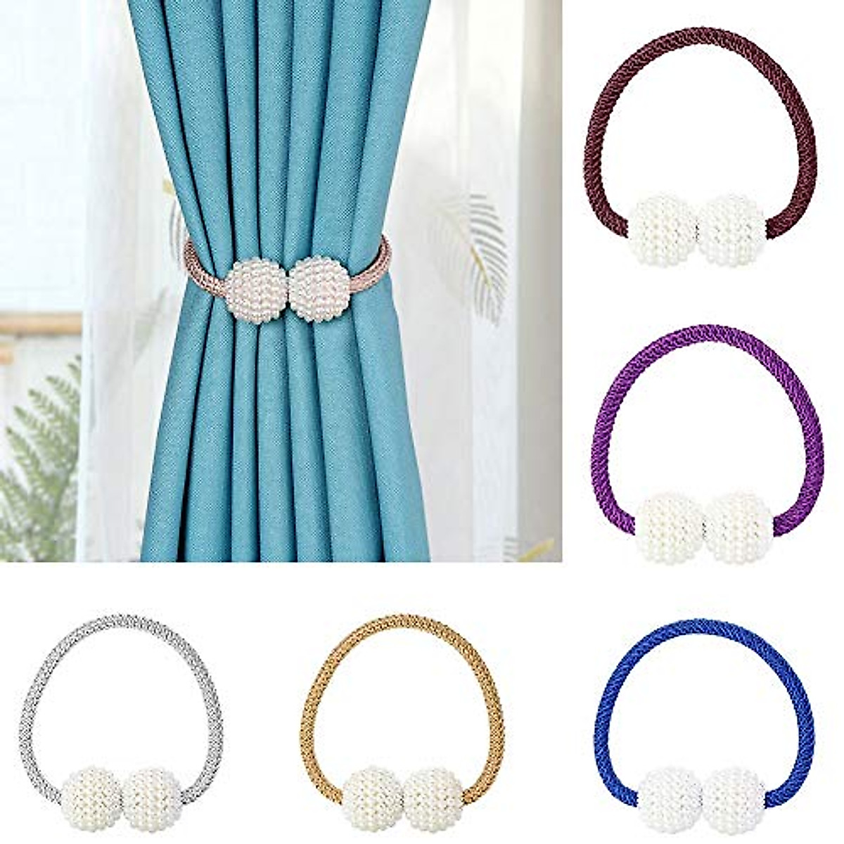 AINAAN 2 Pack Magnetic Curtain Tiebacks Convenient Drape Tie Backs Pearl Decorative Rope Holdback Holder for Small, Thin or Sheer Window Drapries, 2019, Blue