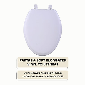 Soft Elongated Vinyl Toilet Seat, White - 19 Inch Soft Vinyl Cover with Comfort Foam Cushioning - Fits All Elongated Size Fixtures - Easy to Install Fantasia by Achim Home Decor