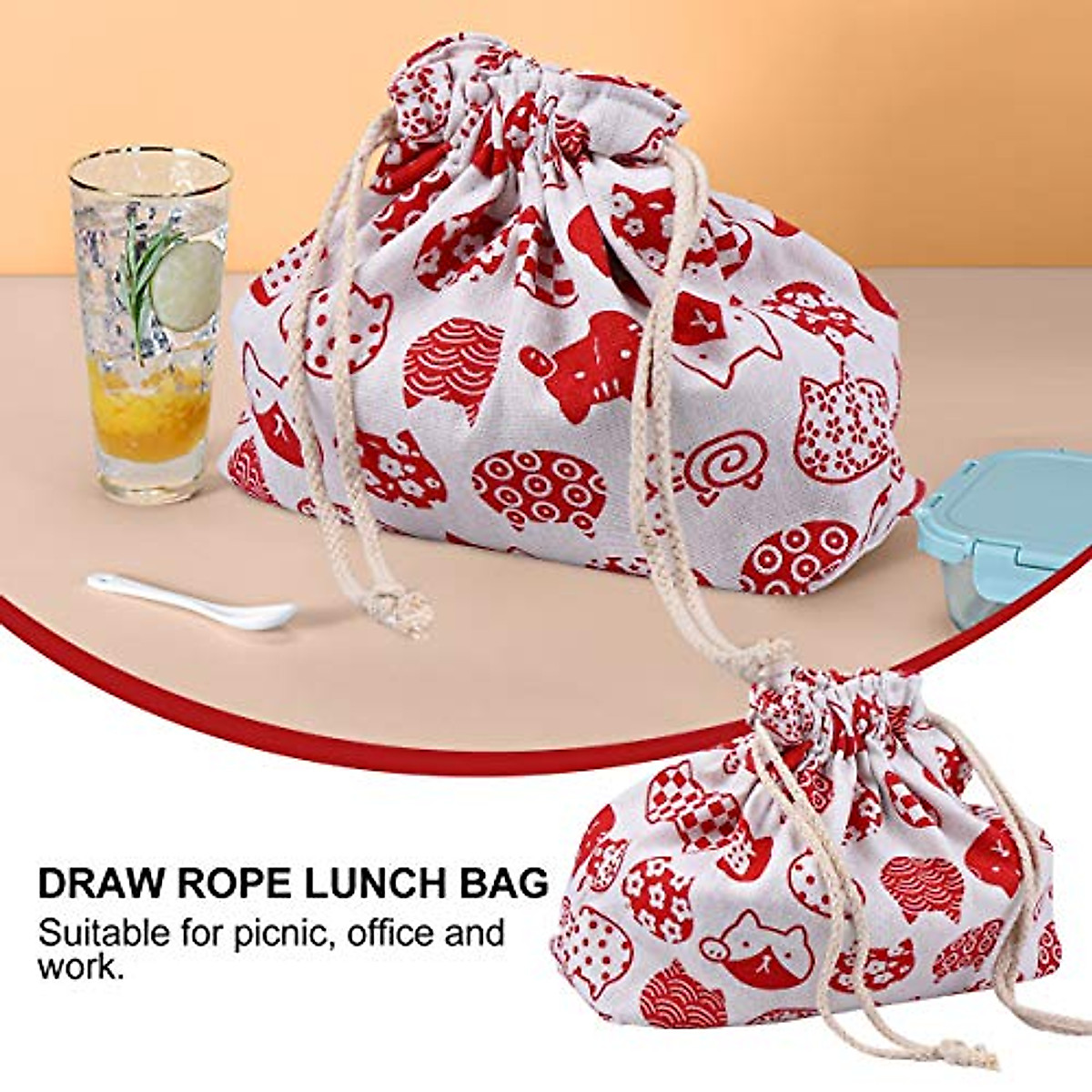 NUOBESTY Lunch Box Pouch with Drawstring Japanese Portable for Bento Boxes Tote Bag Picnic Office Outdoor Lunch Storage Handy Bags Cat Printed Red