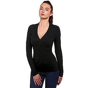 AmélieBoutik Women V Neck Twist Front Cable Knit Long Sleeve Ribbed Sweater (Black X-Small)