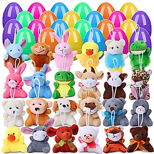 NEWBEA 24 Pcs Filled Easter Eggs with Plush Animal Toys,Plastic Easter Eggs with Toys Basket Stuffers Fillers, Classroom Prize Supplies