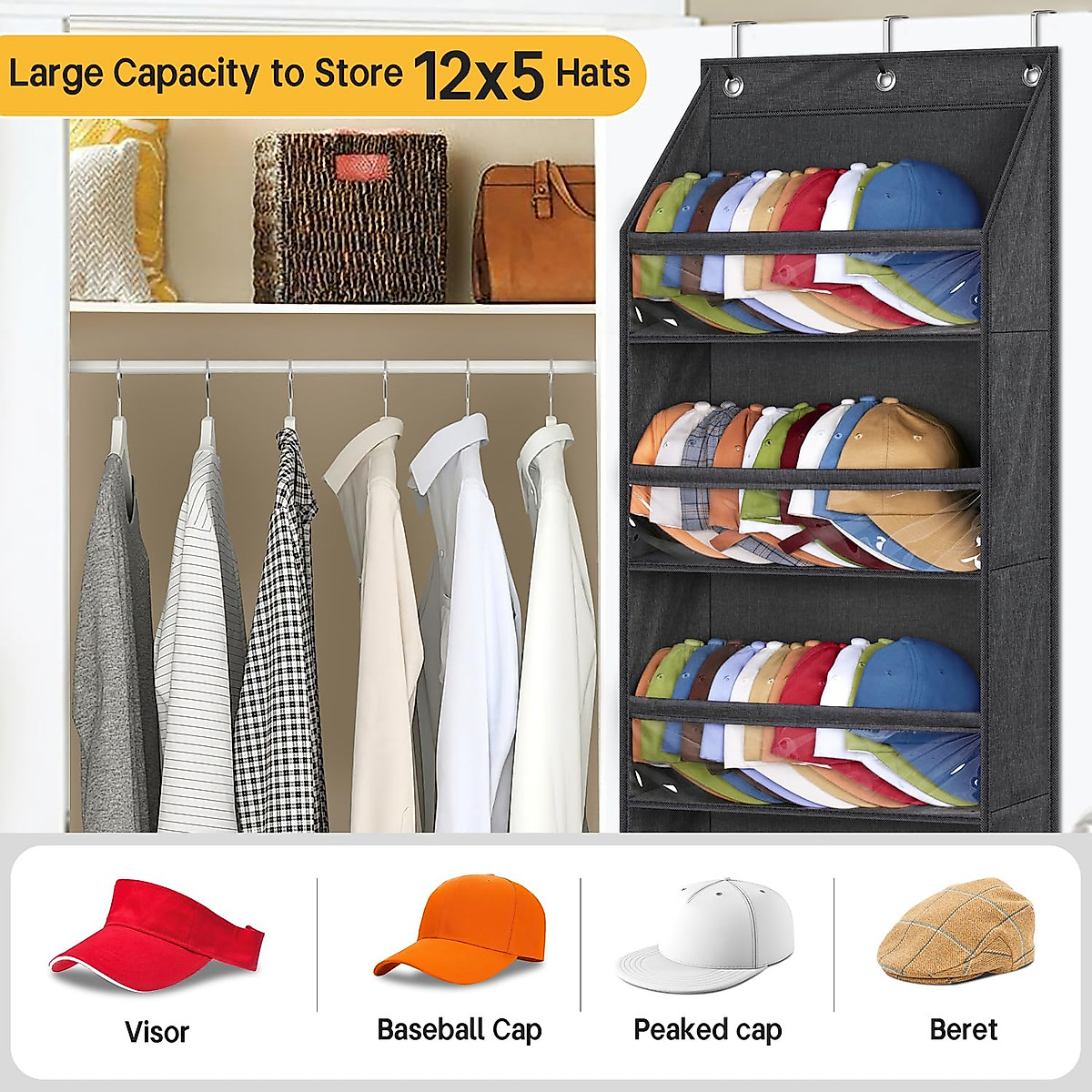 SLEEPING LAMB Over Door Hat Racks for Baseball Caps, Clear Deep Pockets Hat Organizer for Closet or Wall Hold 60 Hats Storage Holder With 3 Hooks Caps Display (Black)