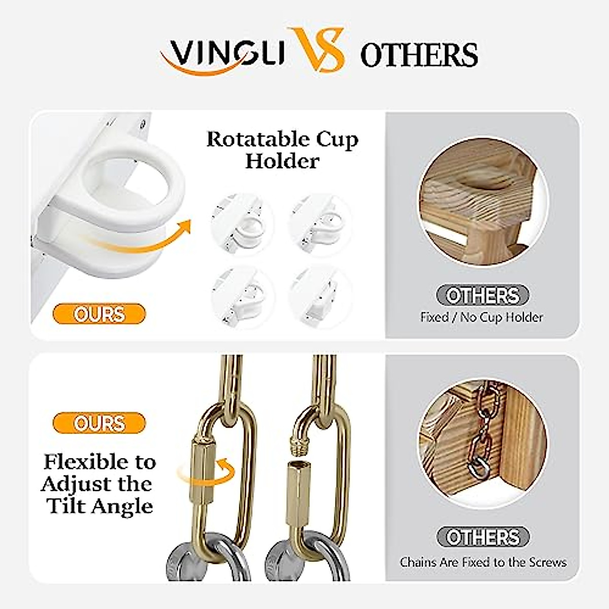 VINGLI Heavy Duty 1600 LBS HDPE Porch Swing Outdoor with Rotatable Cup Holder, 4 FT Patio Bench Swing with Adjustable Chains, 2 Person Hanging Porch Swing Chair for Porch, Yard, Tree, Garden - White