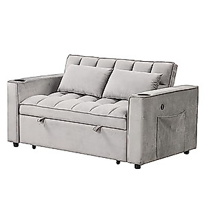 FULife 58" Convertible Sofa Couch with Pull-Out Sleeper,Adjustable Loveseat Armchair Single Bed Chair with Cup Holder,USB Port,Side Pocket&Pillows for Living Room/Apartment/Office/Studio/Small Place