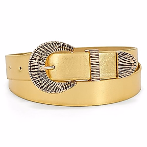 LEACOOLKEY Western Leather Belt for Women Vintage Design Buckle Waist Belt for Jeans Dress