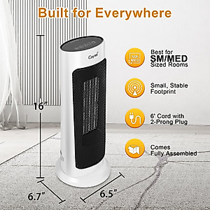 CAYNEL Home Oscillating Tower Ceramic Heater with Adjustable Thermostat, 12-Hour Timer and Safety Lock, Tip-Off Switch and Overheat Protection for Home and Home Office Areas, White
